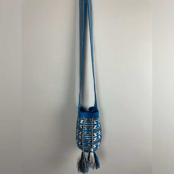 Wayuu Mochila Bags Wayuu Mochila Colombian Aztec Print Blue Black Grey Tassels Crossbody Bag
